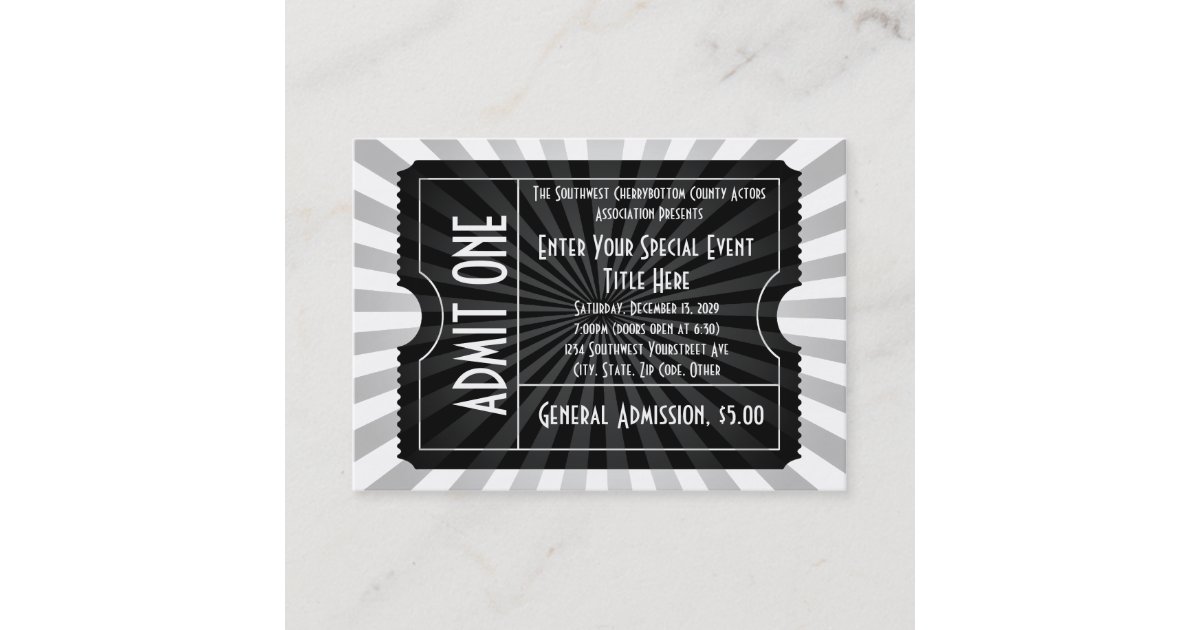 Black + White Event Ticket, Lg Business Card Size | Zazzle