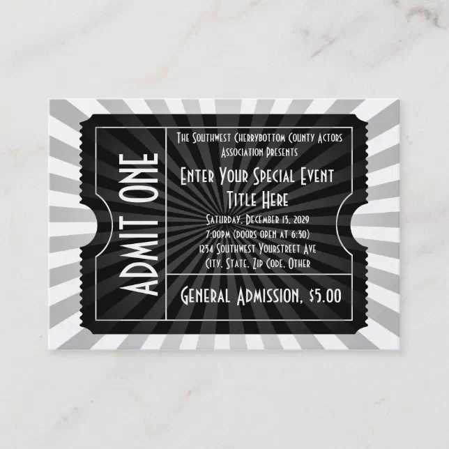 Black + White Event Ticket, Lg Business Card Size | Zazzle