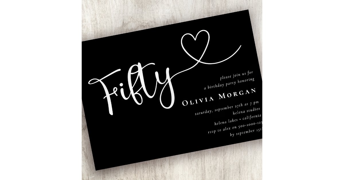 Black White Fifty Script 50th Birthday Invitation | Zazzle
