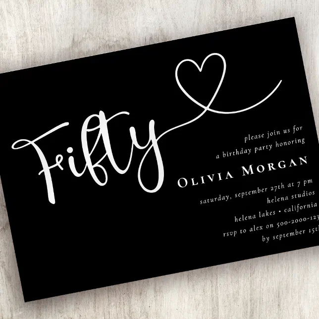 Black White Fifty Script 50th Birthday Invitation | Zazzle