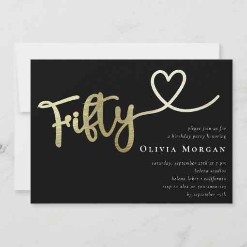 Black White Fifty Script Gold Foil 50th Invitation | Zazzle