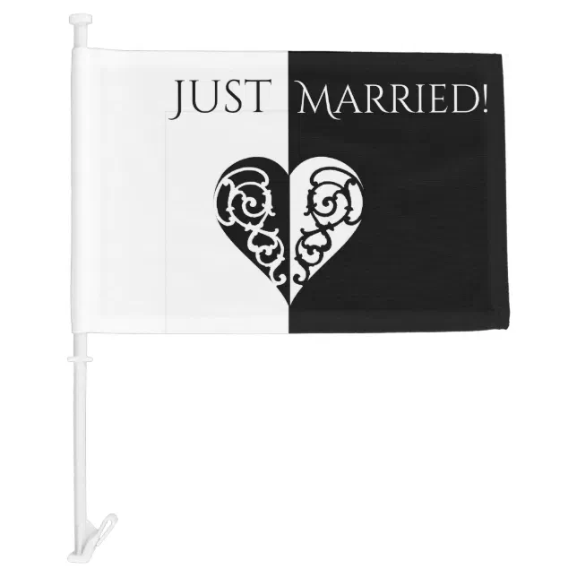Black & White Filigree Heart Just Married Car Flag | Zazzle