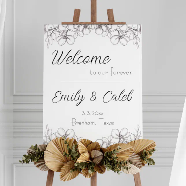 Black & White Floral Line Art Wedding Welcome Sign | Zazzle
