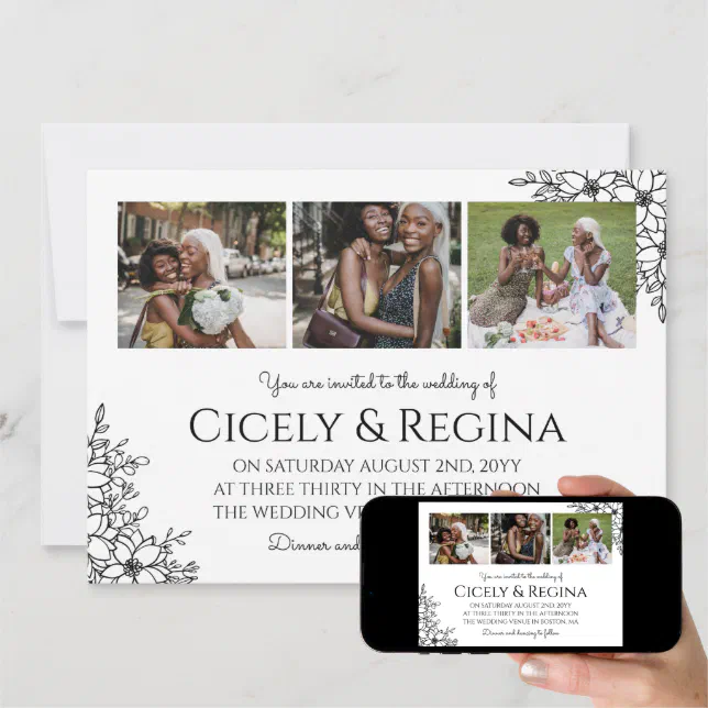Black White Floral Photo Collage Wedding Invitation | Zazzle