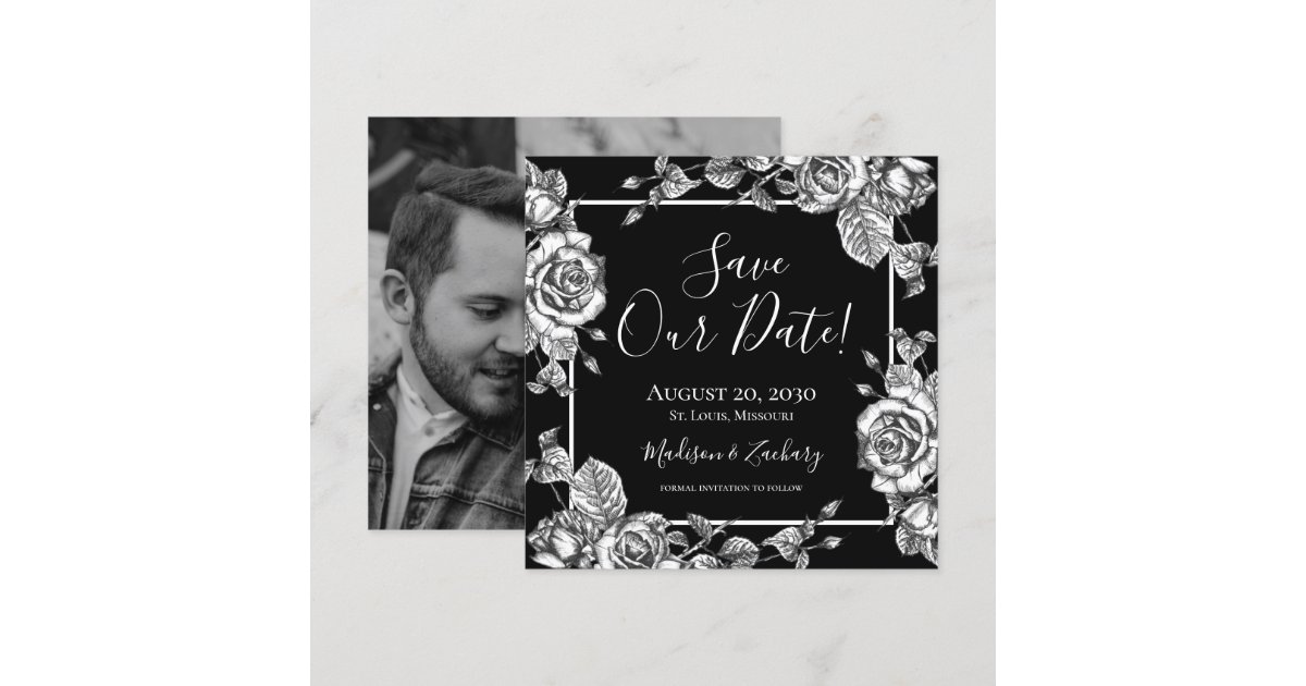 Black White Floral Photo Save Our Date Invitation | Zazzle