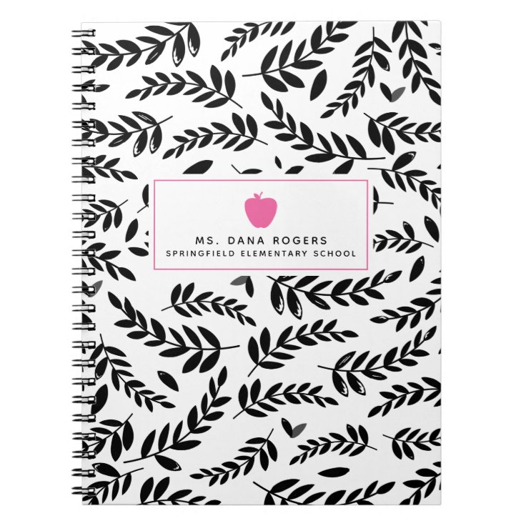 Black + White Foliage Pink Apple Teacher Notebook | Zazzle
