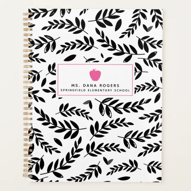 Black + White Foliage Pink Apple Teacher Planner | Zazzle