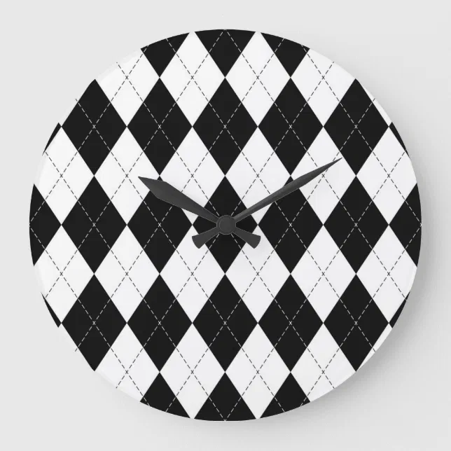 Black White Geometric Argyle Pattern Large Clock | Zazzle