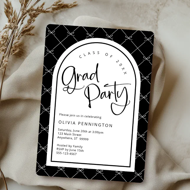 Black White Girly Bows Pattern Graduation Party Invitation | Zazzle