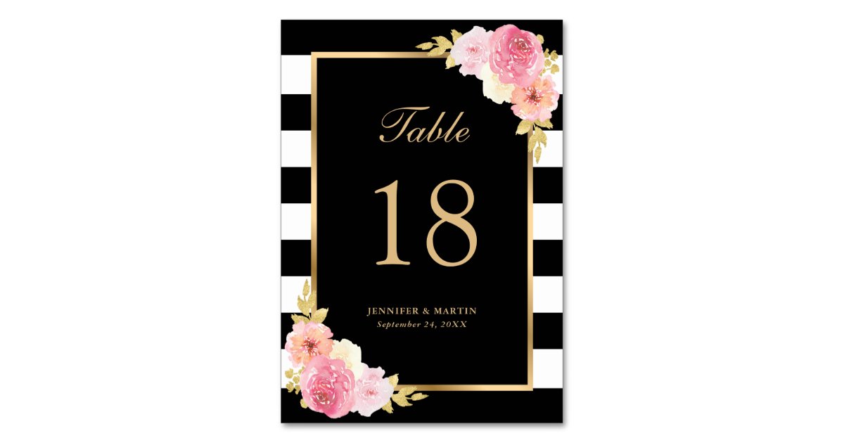 Black White Gold Blush Pink Floral Table Number | Zazzle