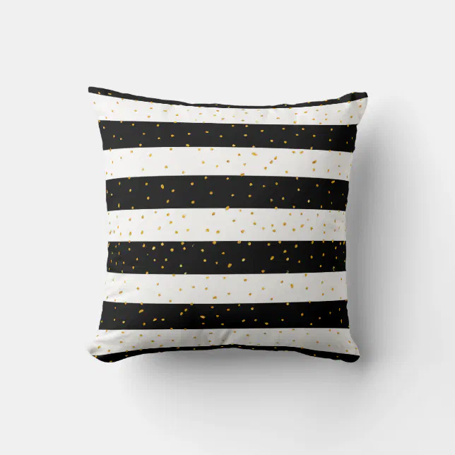 Black white gold faux glitter stripes polka dots throw pillow | Zazzle