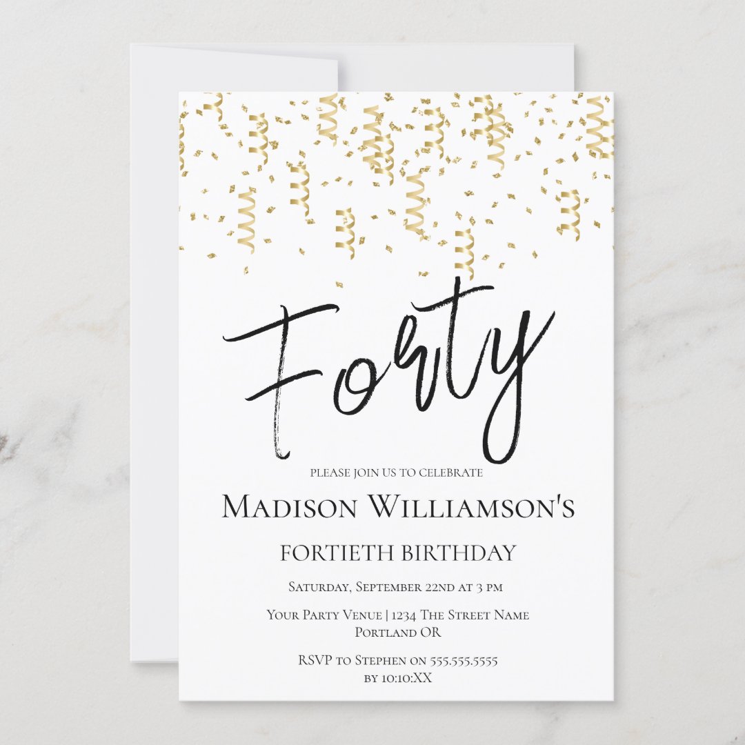 Black White & Gold Forty 40th Birthday Party Invitation | Zazzle