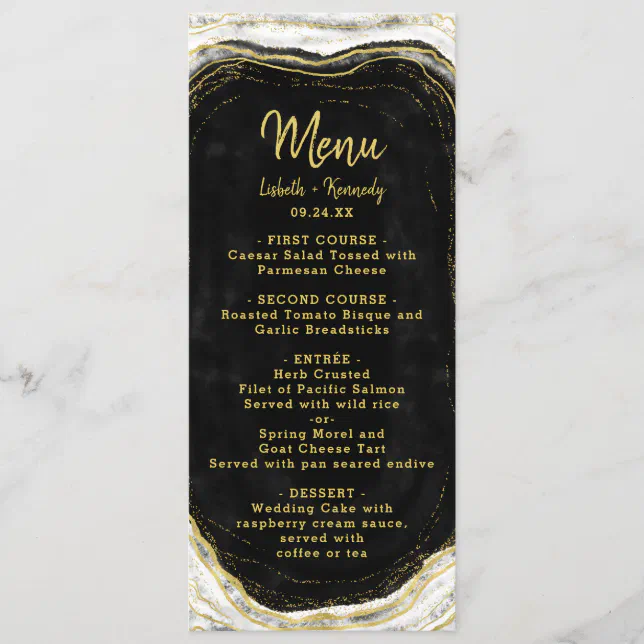 Black White & Gold Geode Agate Marble Slice Dinner Menu | Zazzle