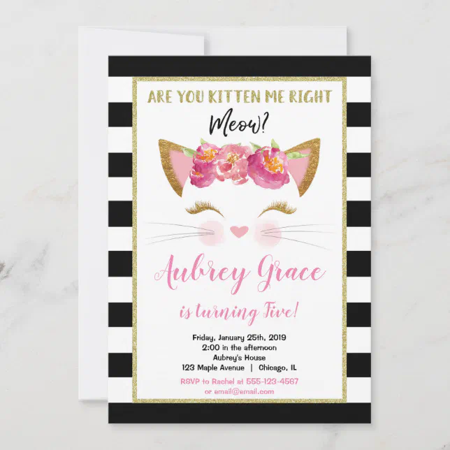 Black white gold kitten kitty cat birthday party invitation | Zazzle