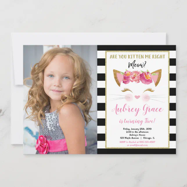 Black white gold kitten kitty cat birthday photo invitation | Zazzle