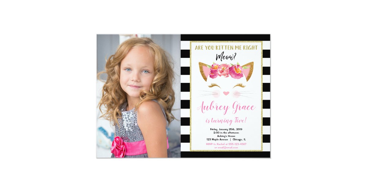 Black white gold kitten kitty cat birthday photo invitation | Zazzle.com