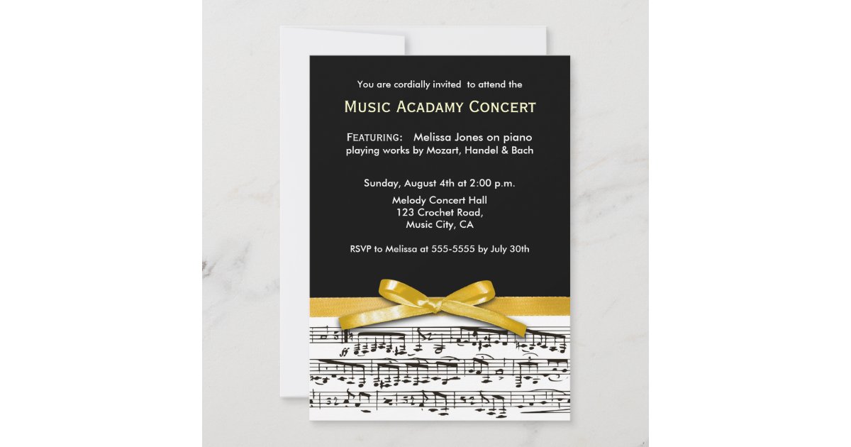 Black white & gold yellow musical concert recital invitation | Zazzle