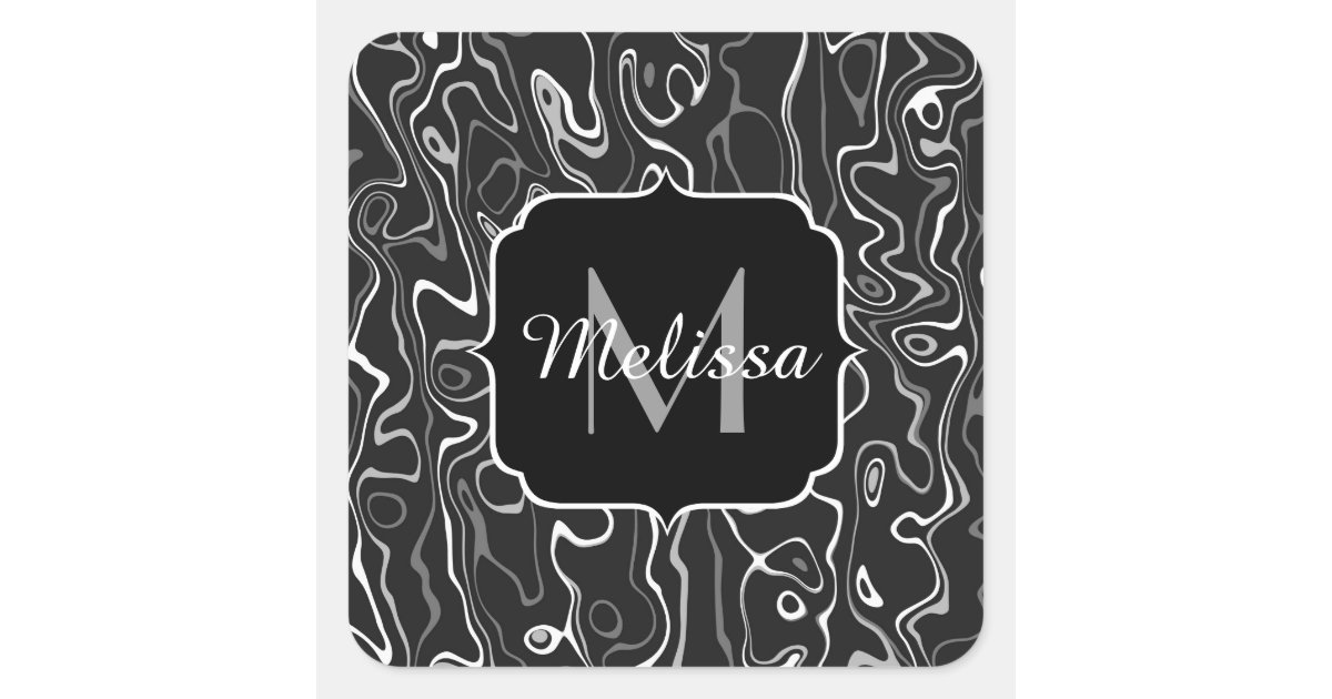 Black white gray damascus abstract swirls Monogram Square Sticker | Zazzle