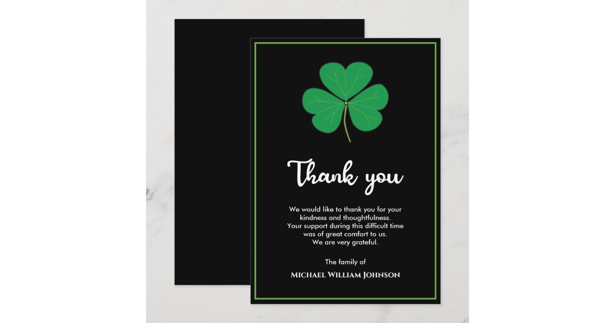 Black White Green Shamrock Clover Irish Funeral Thank You Card | Zazzle