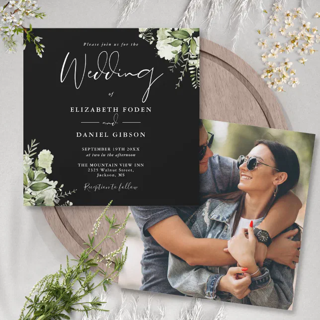 Black White Greenery Floral Photo Square Wedding Invitation | Zazzle