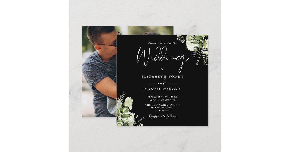 Black White Greenery Floral Photo Square Wedding Invitation | Zazzle