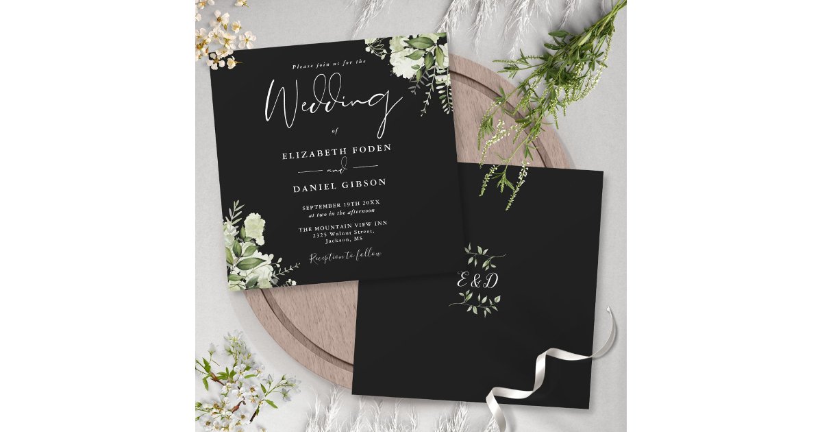Black White Greenery Monogram Square Wedding Invitation | Zazzle