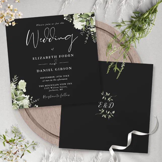 Black White Greenery Monogram Square Wedding Invitation | Zazzle