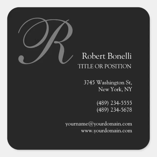 Black White Grey Monogram Business Card Square Sticker | Zazzle