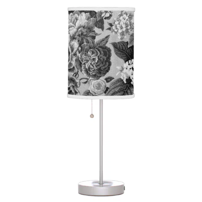 Black & White Grey Tone Botanical Floral Toile Table Lamp | Zazzle