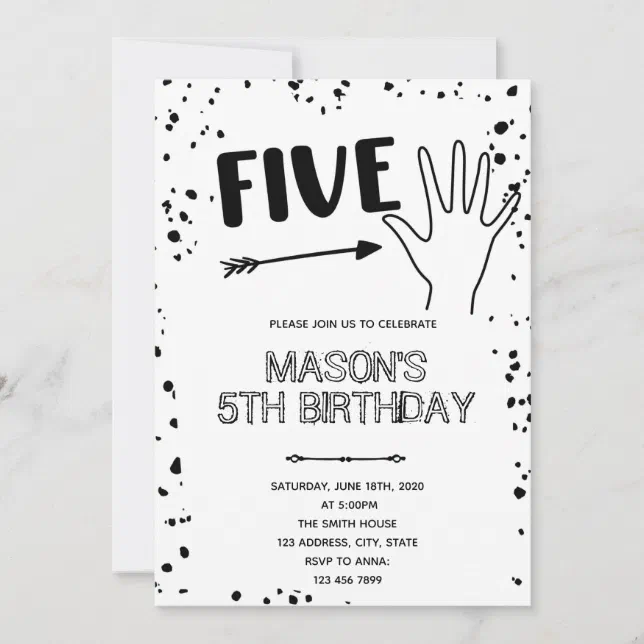 Black white hand gesture 5th birthday invitation | Zazzle