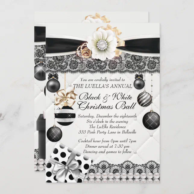 Black White Holiday Christmas Ball Invitations | Zazzle