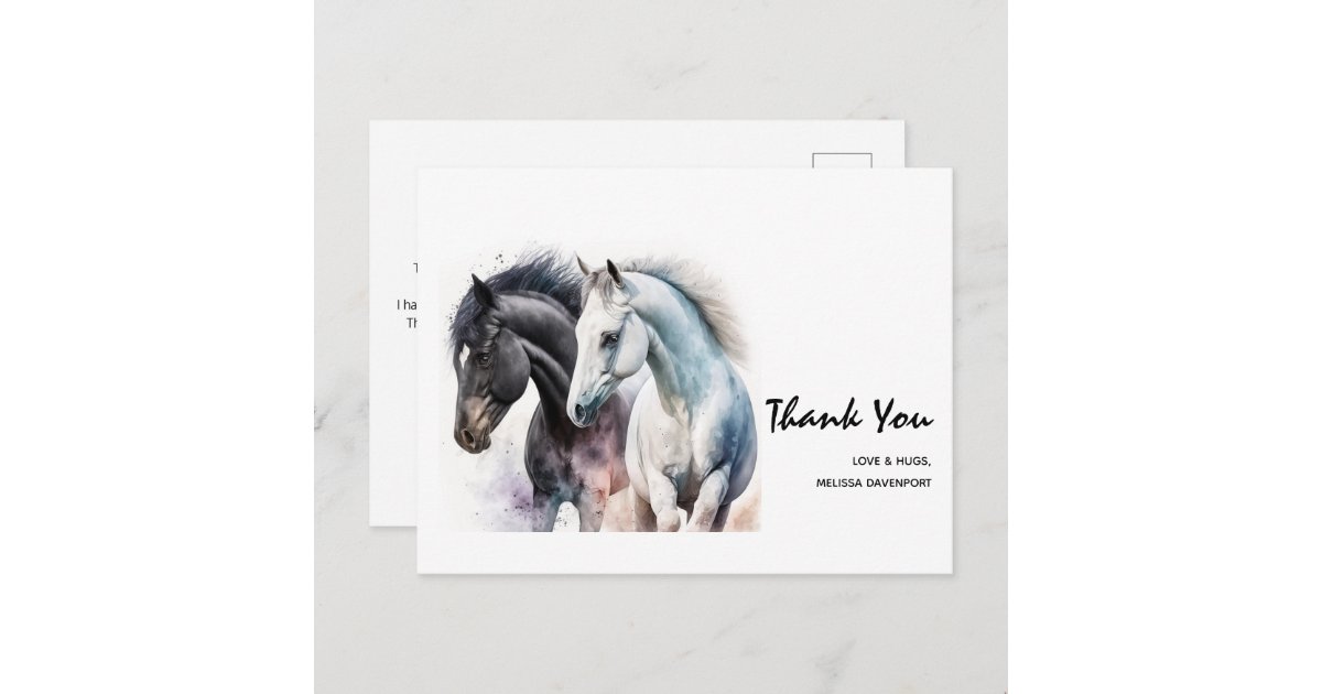 Black & White Horse Pair in Watercolor Thank You Postcard | Zazzle
