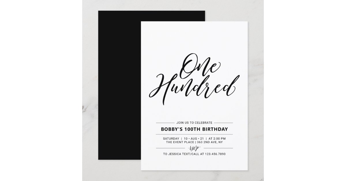 Black & White Hundred Minimal 100th Birthday Party Invitation | Zazzle