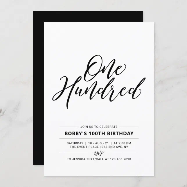 Black & White Hundred Minimal 100th Birthday Party Invitation | Zazzle