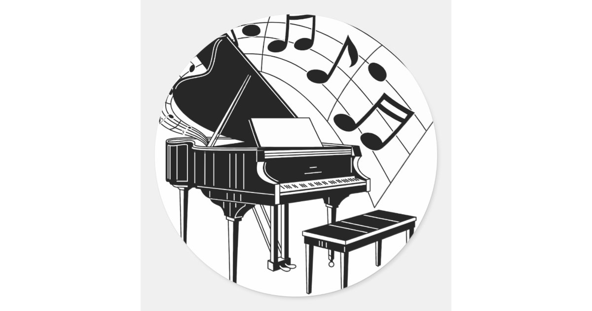 Black/White Illustration of Grand Piano & Notes Classic Round Sticker ...