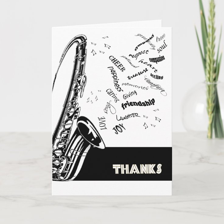 Black White Jazz Saxophone Thank You Card | Zazzle