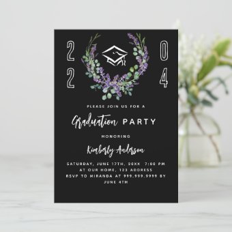 Black white lavender florals 2024 Graduation Party Invitation | Zazzle