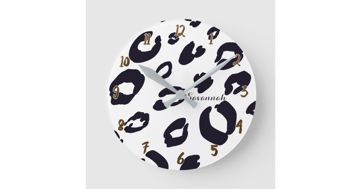 Black & White Leopard Cheetah Glam Personalized Round Clock | Zazzle