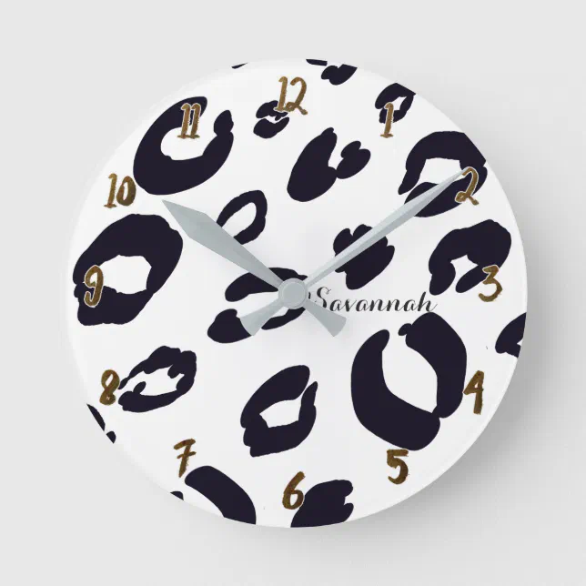 Black & White Leopard Cheetah Glam Personalized Round Clock | Zazzle