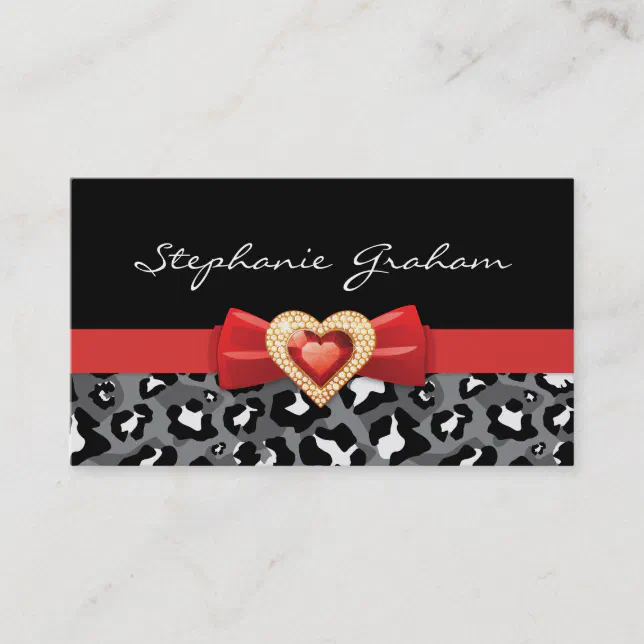 Black white leopard print with red bow & jewel business card | Zazzle
