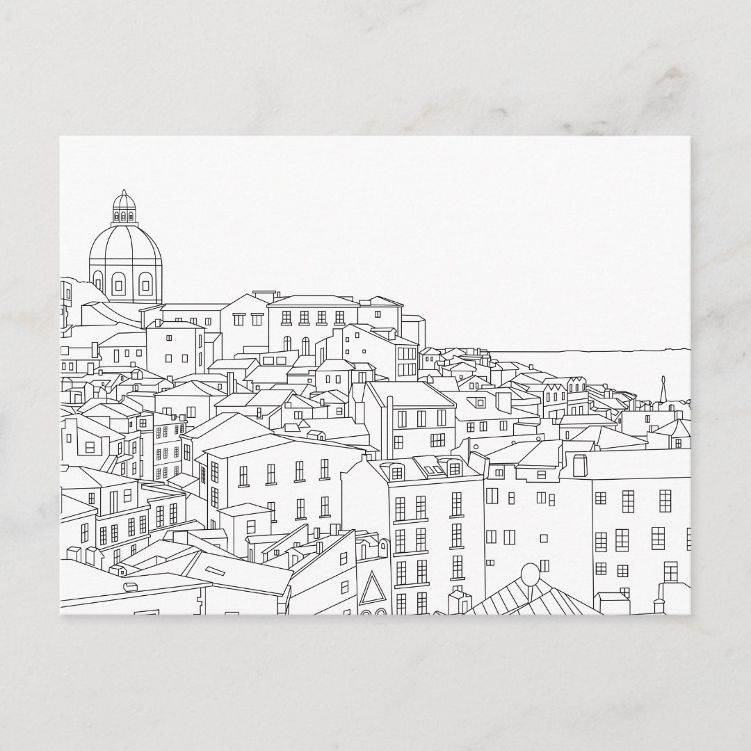 Black & White Line Art Postcard of Lisbon Portugal | Zazzle