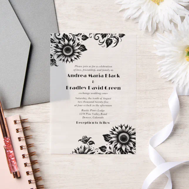 Black White Linocut Sunflower Wedding Vellum Invitations | Zazzle