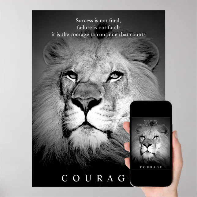 Black & White Lion Motivational Courage Poster | Zazzle
