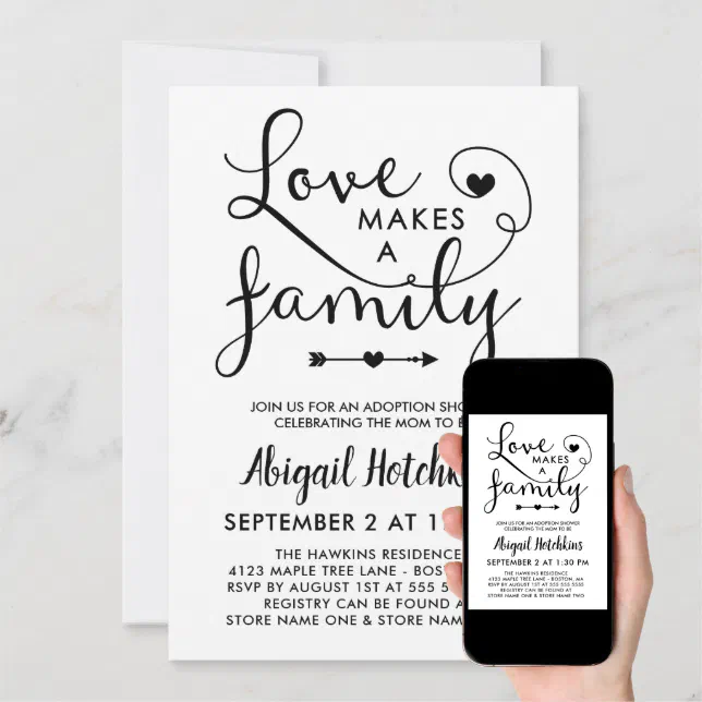 Black White Love Makes A Family Adoption Shower Invitation | Zazzle