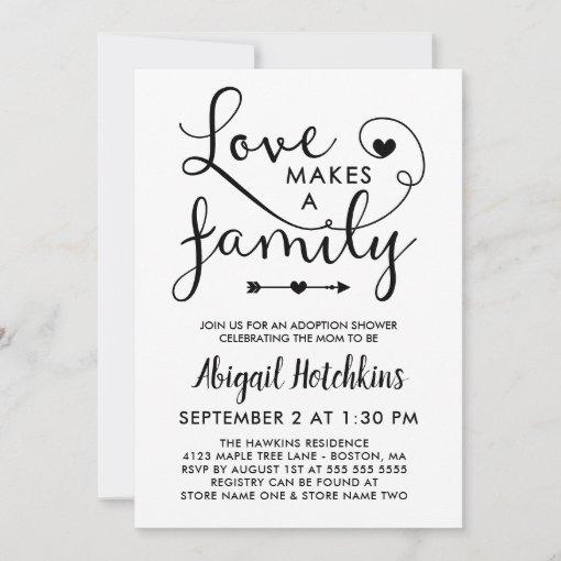 Black White Love Makes A Family Adoption Shower Invitation | Zazzle