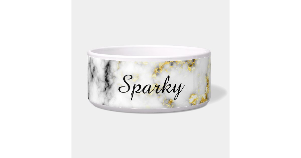 Black white marble gold sparkle flakes Personalize Bowl | Zazzle