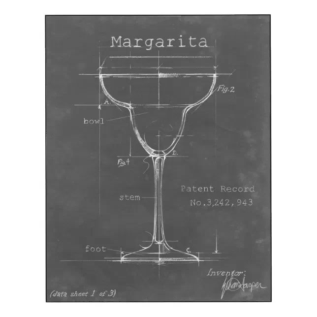 Black & White Margarita Glass Blueprint Wood Wall Art | Zazzle