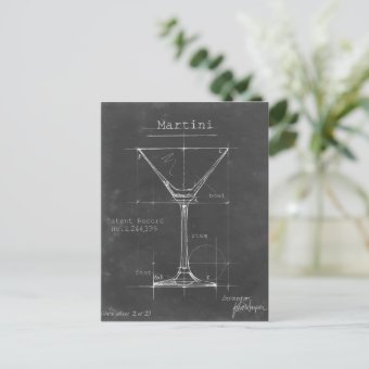 Black & White Martini Glass Blueprint Postcard | Zazzle