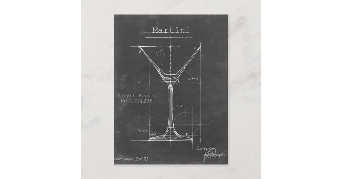Black & White Martini Glass Blueprint Postcard | Zazzle