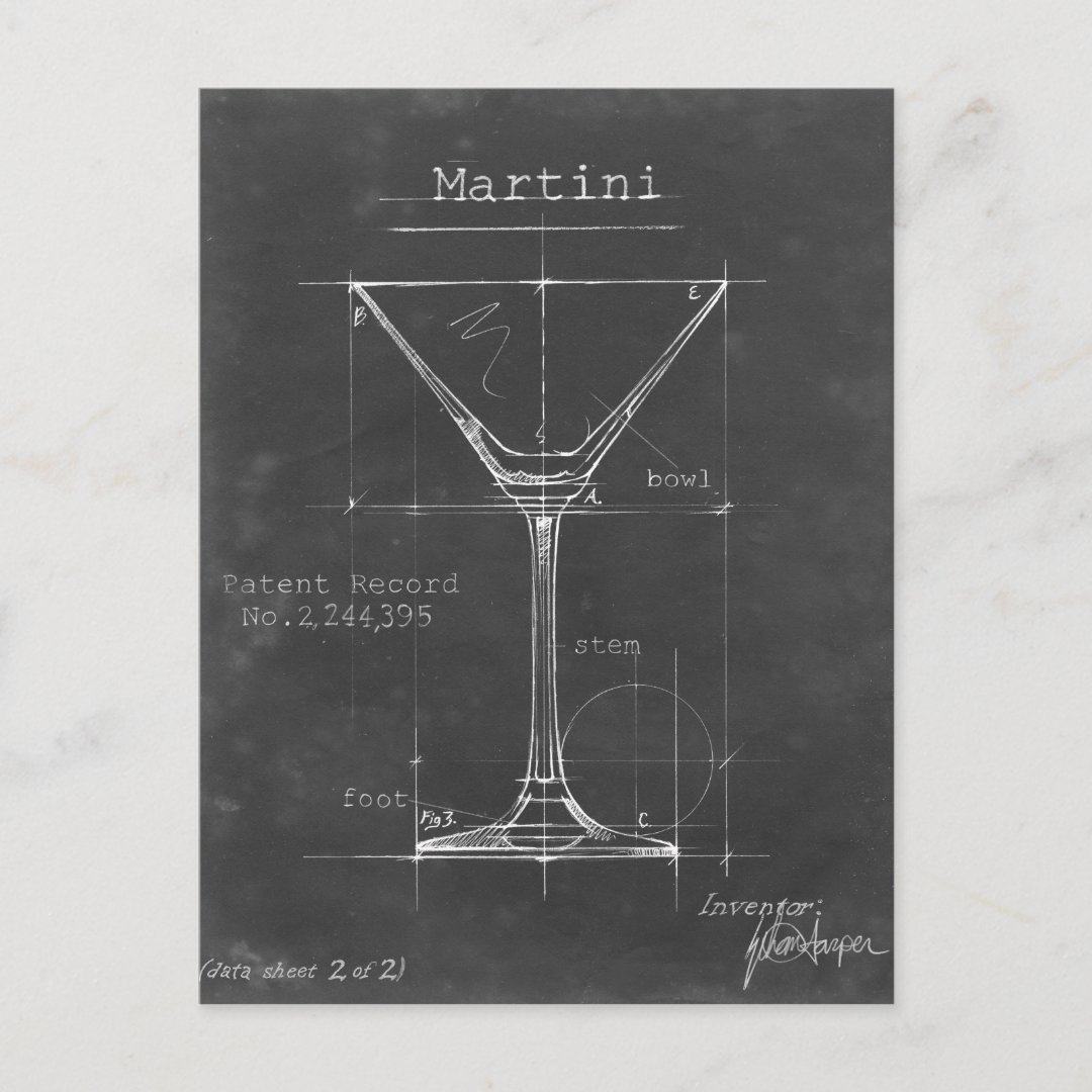 Black & White Martini Glass Blueprint Postcard | Zazzle